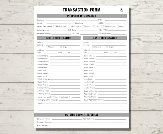 Real Estate Transaction Form for Buyers and Sellers Fillable - Etsy