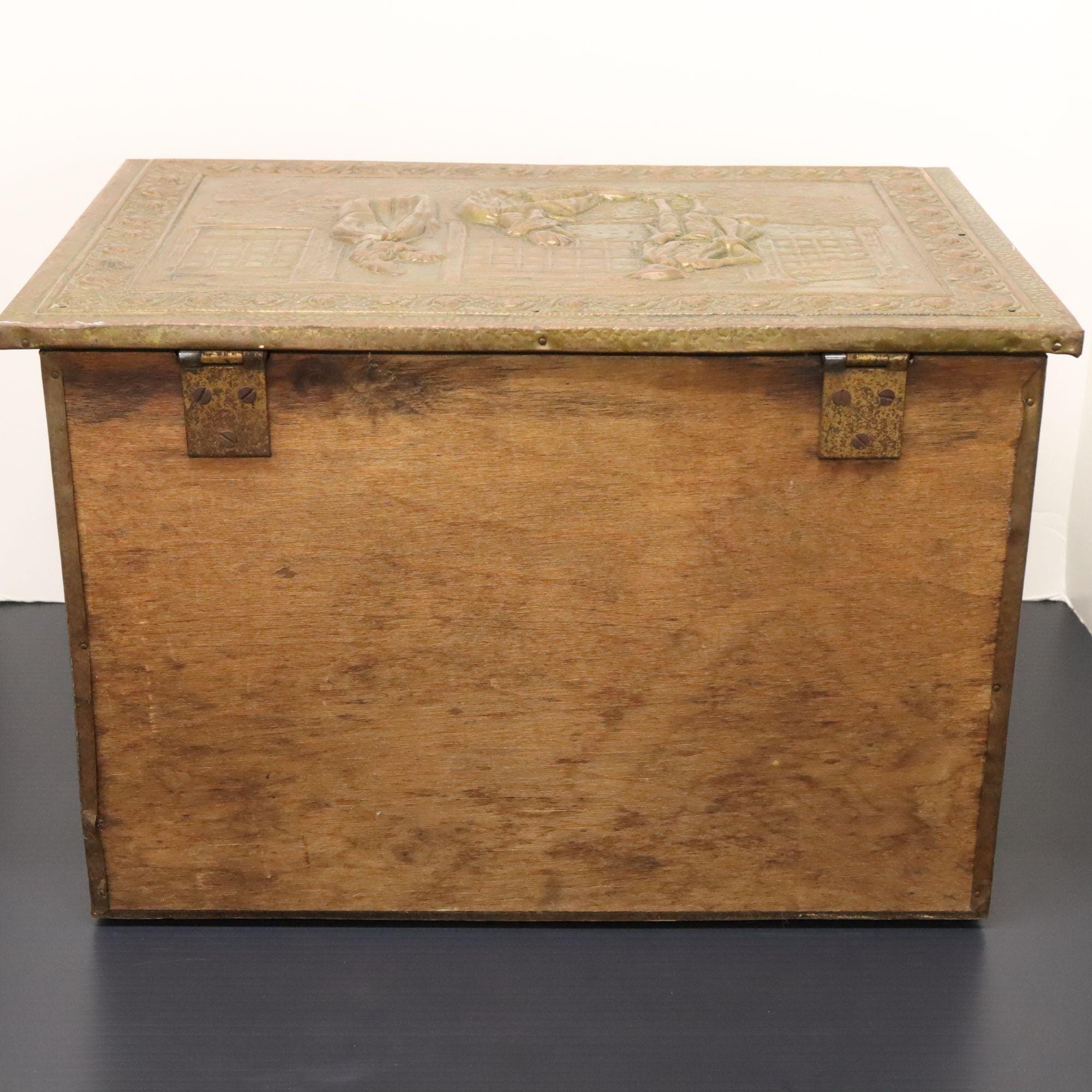 Vintage Kindling Box - Copper Sheet Over Wood - Colonial Scene ...