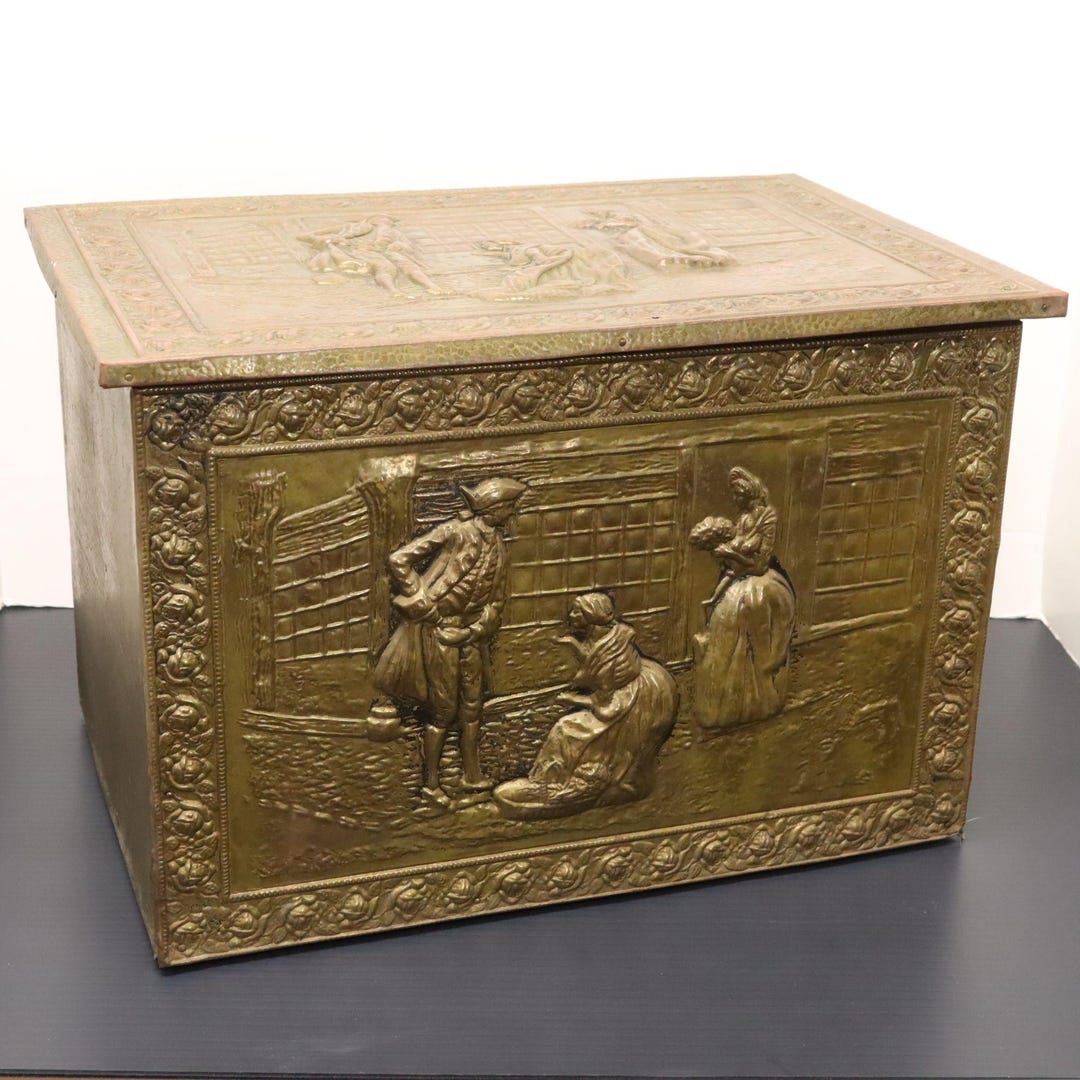 Vintage Kindling Box - Copper Sheet Over Wood - Colonial Scene ...