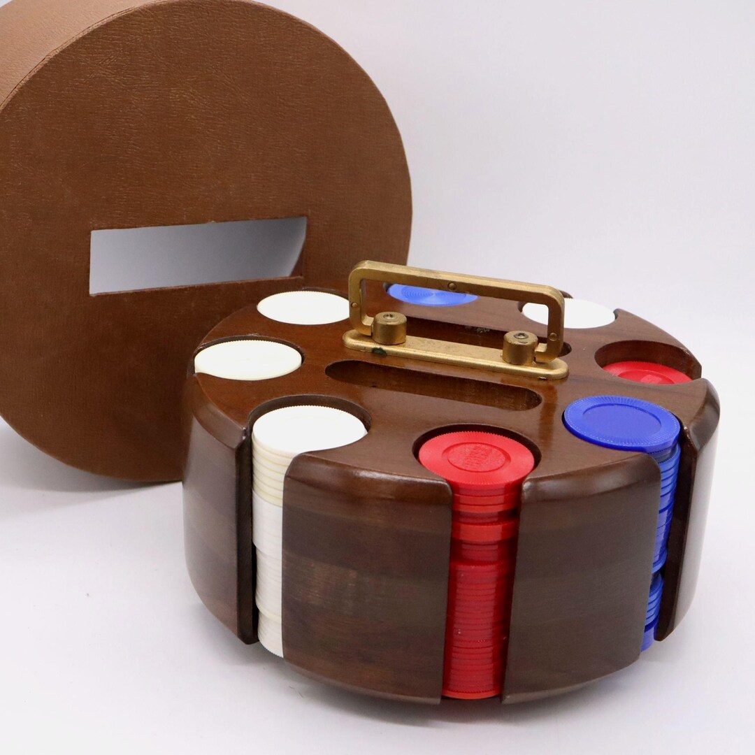 Vtg Drueke Wood Poker Chip & Card Deck Carousel Caddy W/ Cover Made in ...