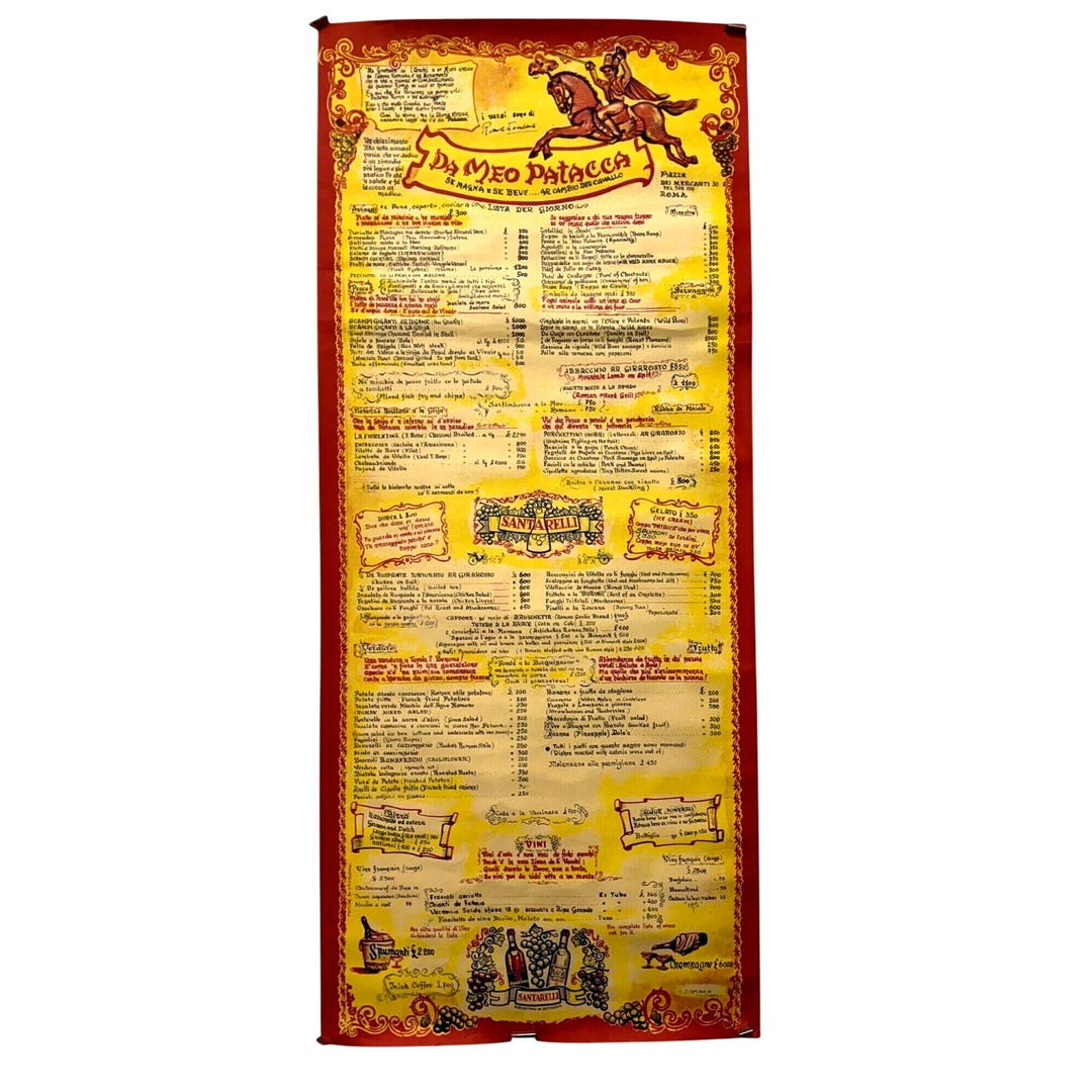 Large Vtg DA MEO PATACCA List of the Day Italy Restaurant Menu Poster ...