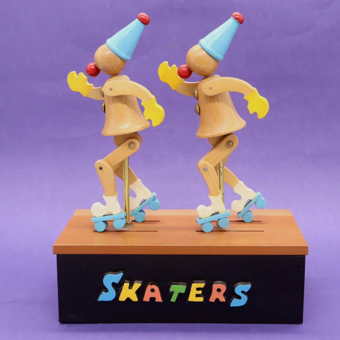 Rare Wood Music Box Roller Skaters Mechanical Jointed Doll Vintage ...