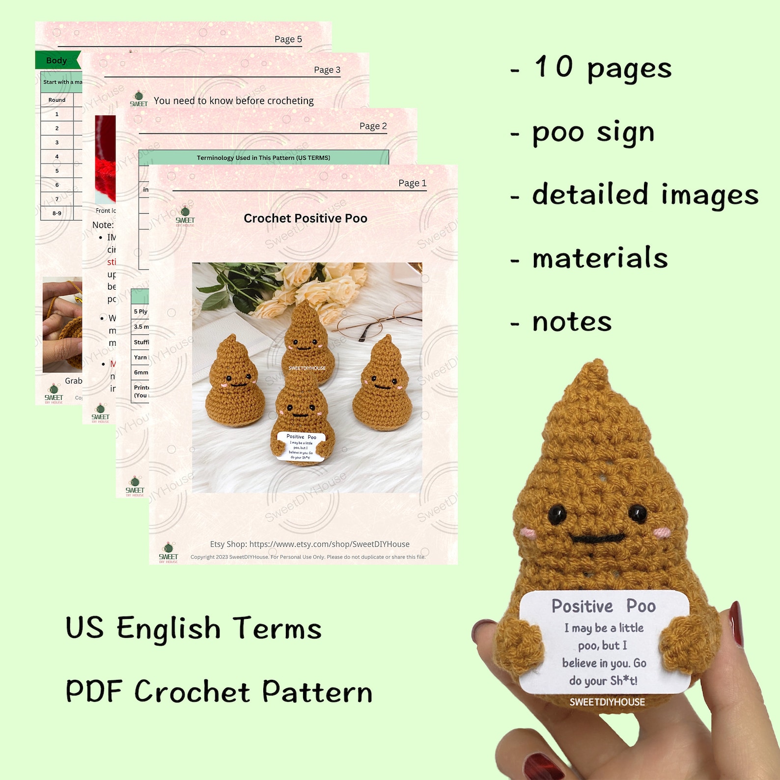 Crochet Poo Pattern With Poo Quote, US English Terms, Handmade Funny ...