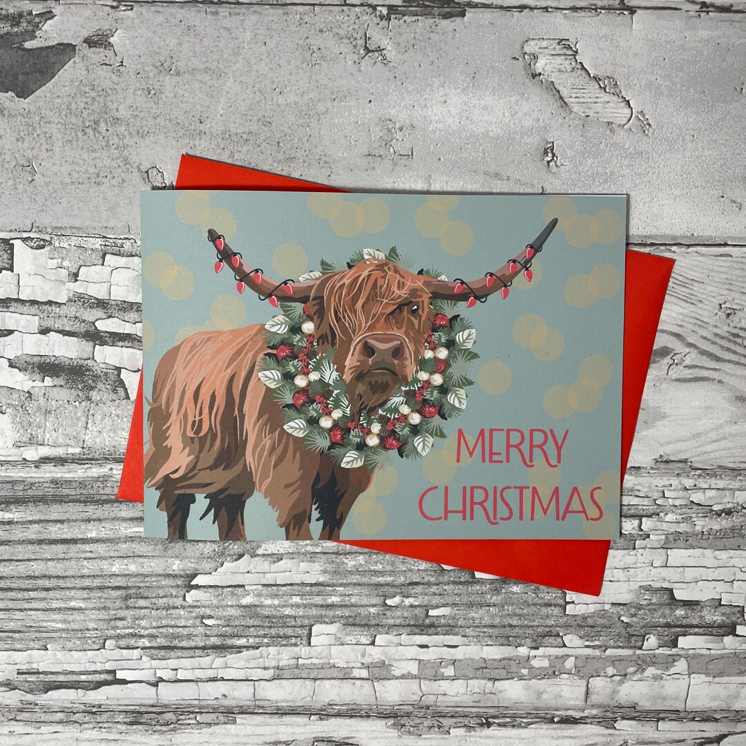 Highland Cow, Christmas Card, Wreath, Lights, Personalise - Etsy