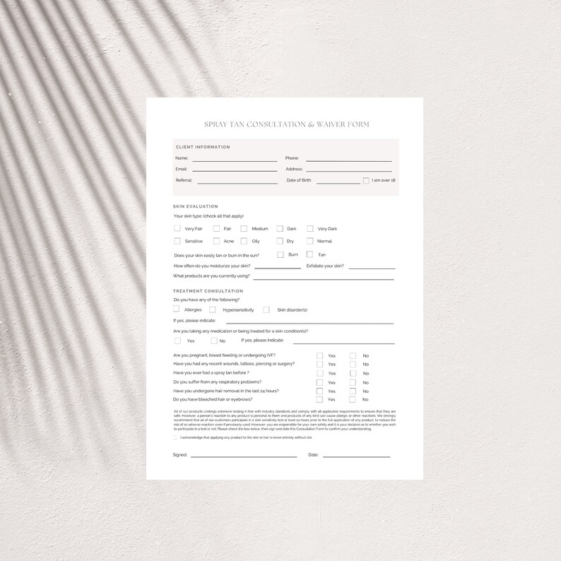 Spray Tan Consultation Form Template: Client Consultation Waiver (canva ...