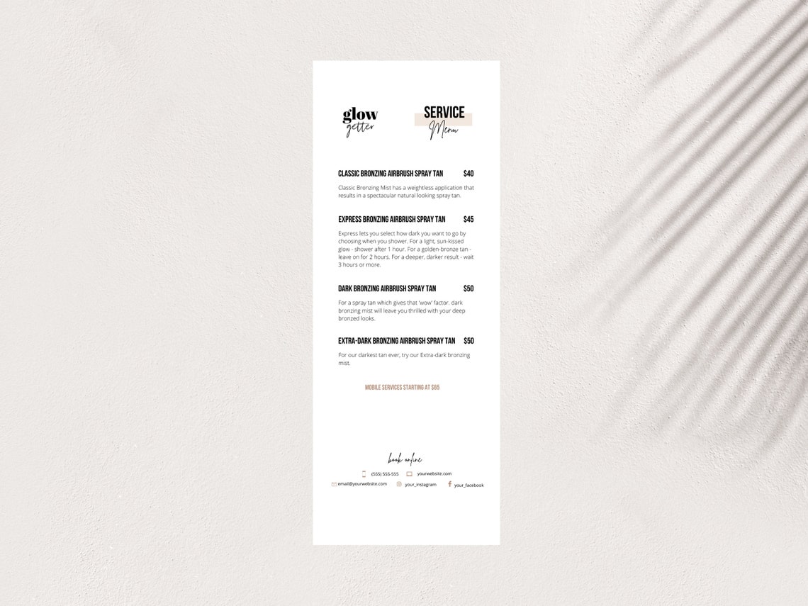 Spray Tan Service Menu Template Salon Price List Spray Tan - Etsy