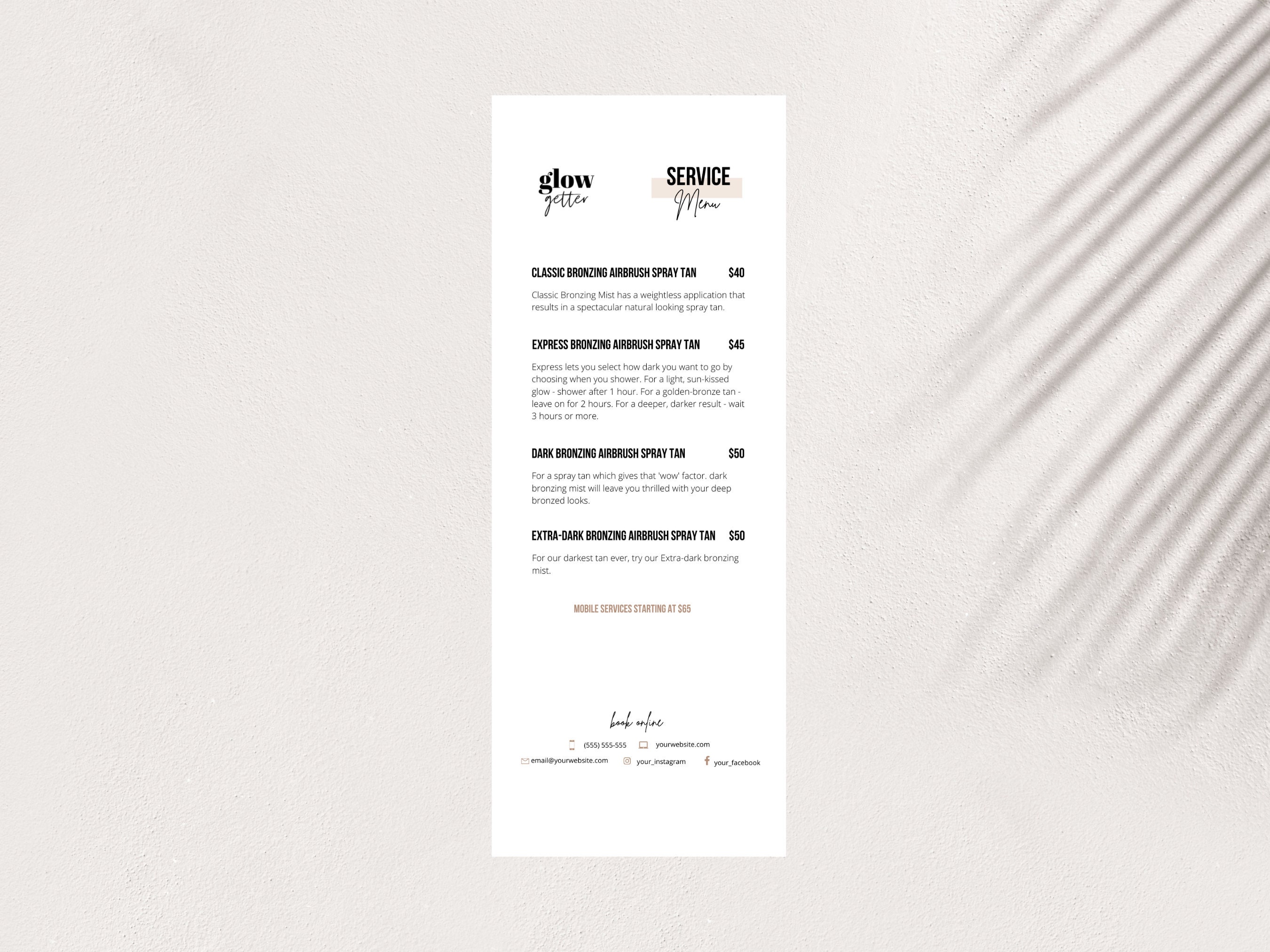 Spray Tan Service Menu Template Salon Price List Spray Tan - Etsy
