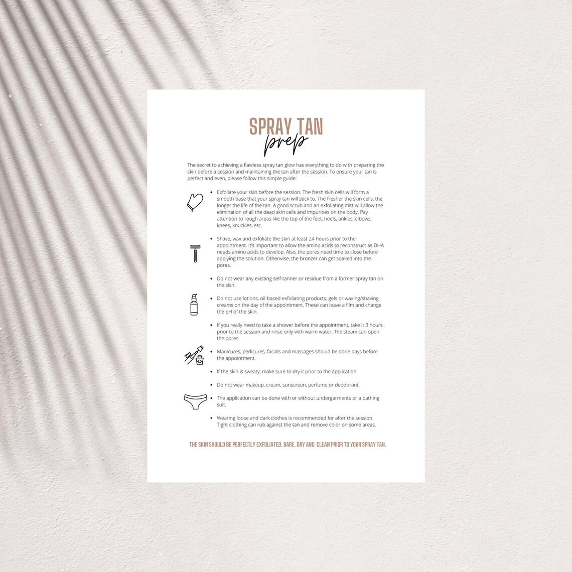 Spray Tan Client Care Card Template Pre and Post Spray Tan Instructions ...