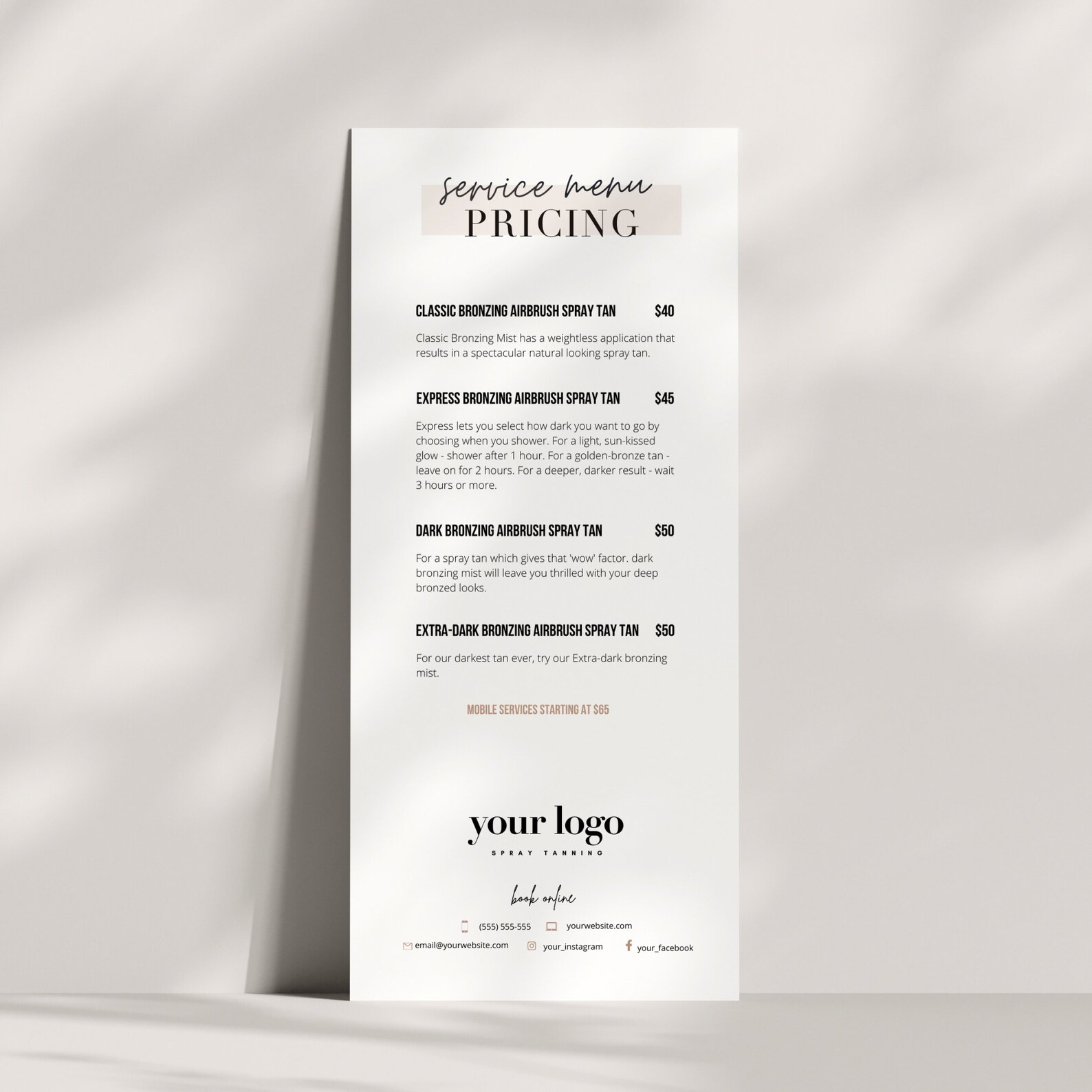 Spray Tan Service Menu Template: Salon Price List (canva Editable) - Etsy