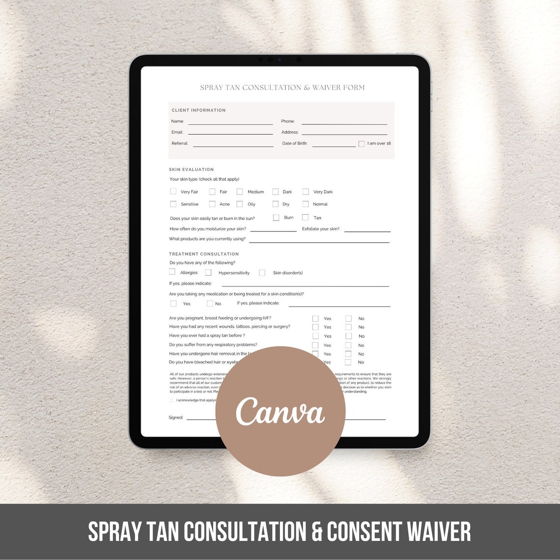 Spray Tan Consultation Form Template: Client Consultation Waiver (canva ...