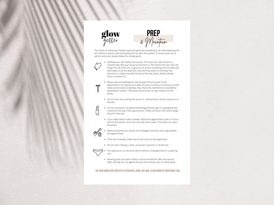 Spray Tan Client Care Card Template Pre and Post Spray Tan - Etsy