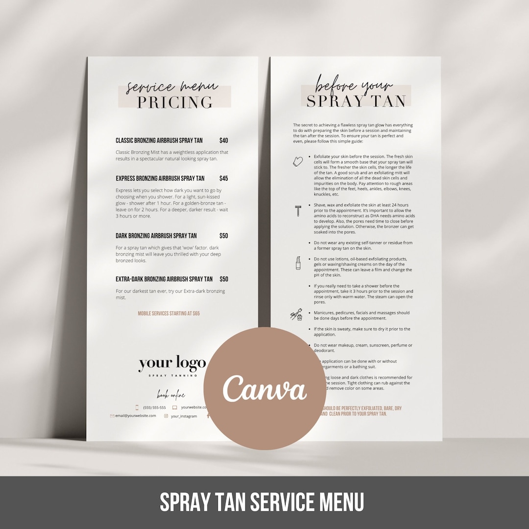 Spray Tan Service Menu Template: Salon Price List (canva Editable) - Etsy