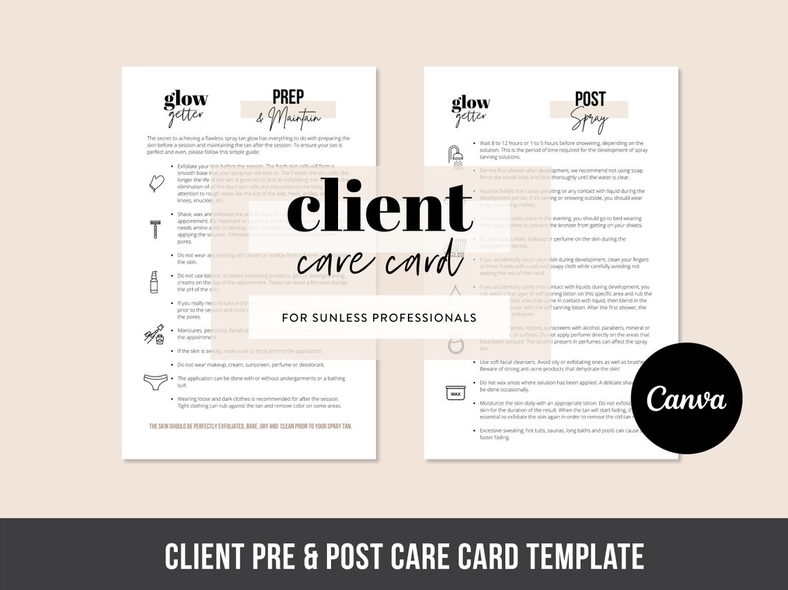 Spray Tan Client Care Card Template Pre and Post Spray Tan - Etsy