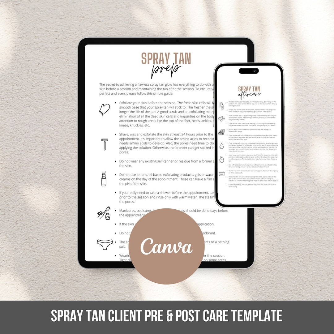 Spray Tan Client Care Card Template: Pre & Post Tan Instructions (canva ...
