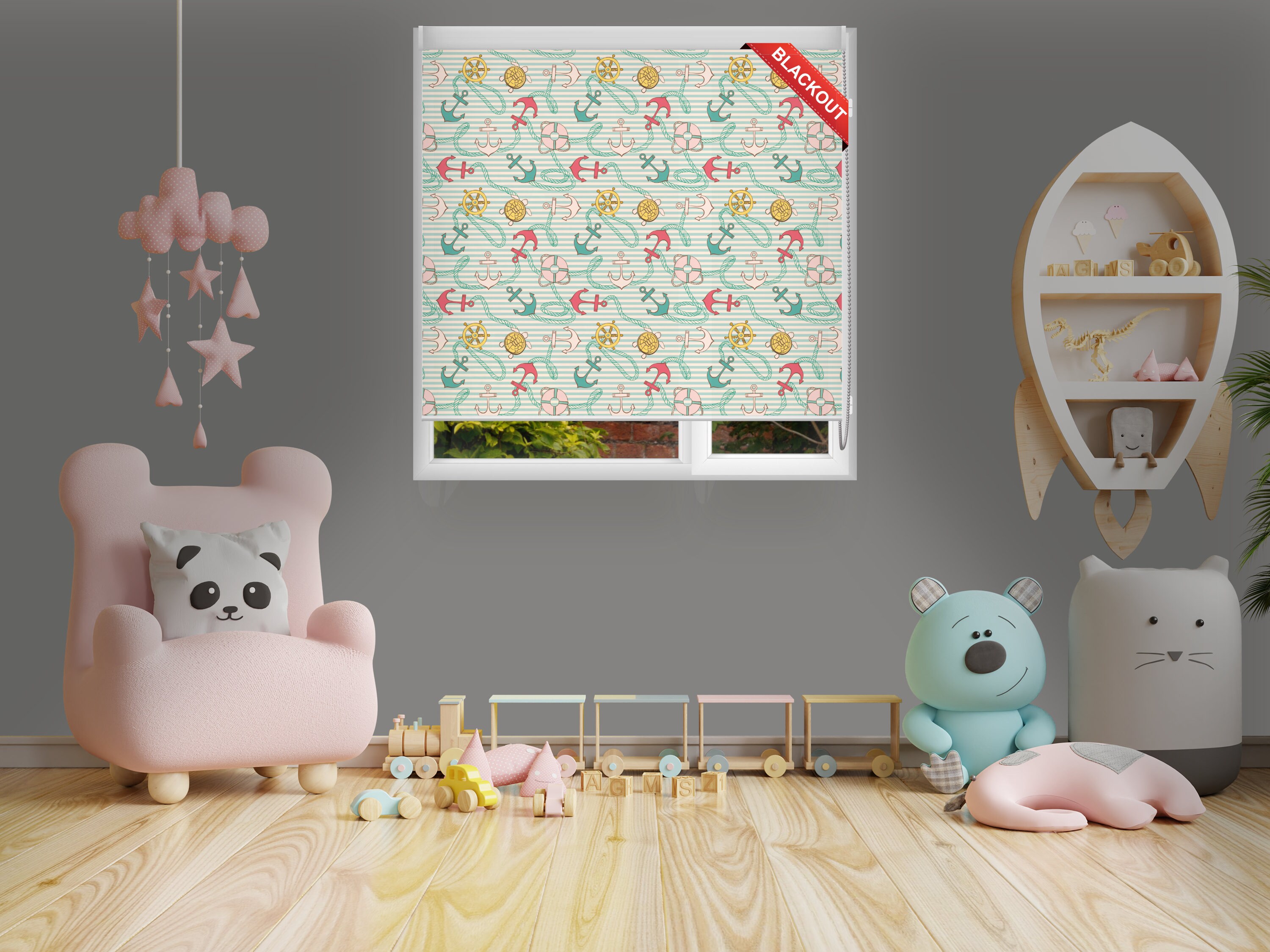 Kids Nautical Roller Shades, Anchors and Turtles Roller Blinds, Marine ...