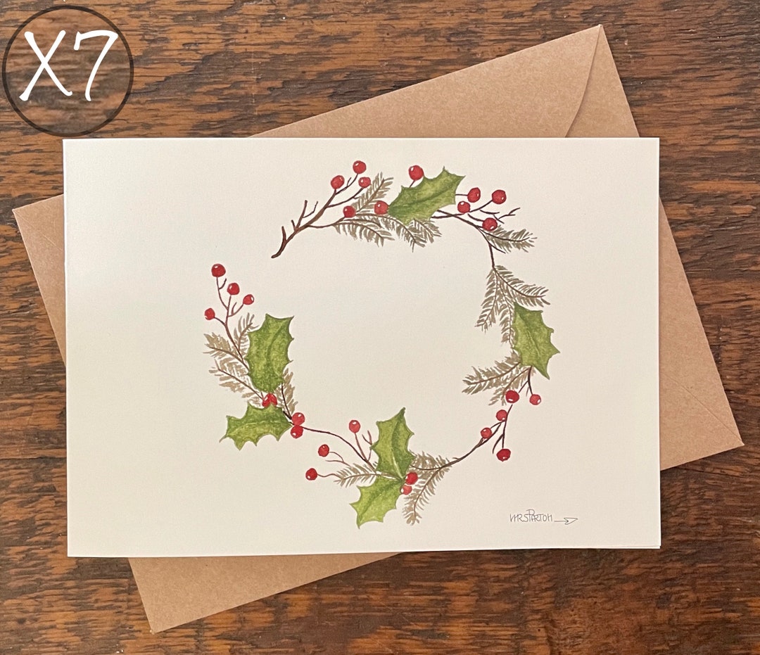 Watercolor Holiday Greeting Cards, Christmas Wreath, Blank Notecard - Etsy