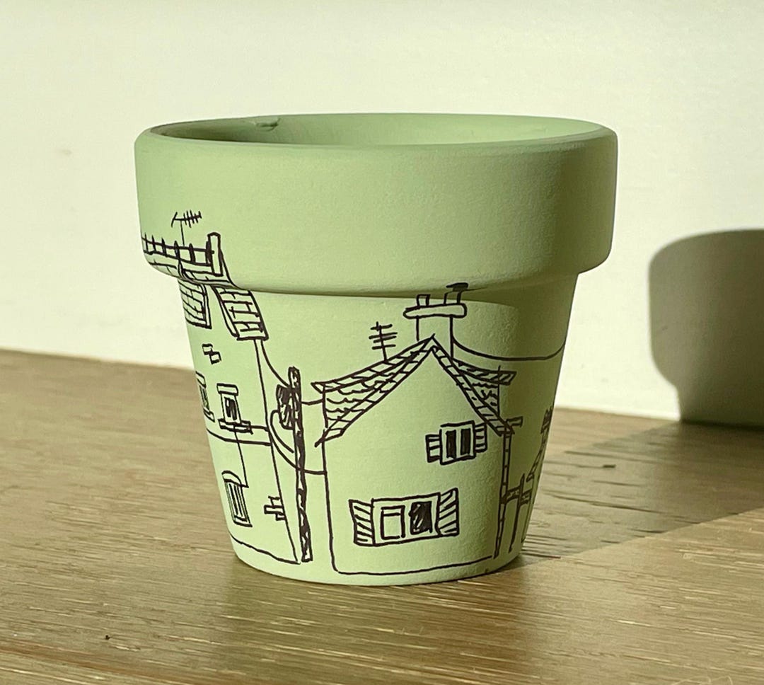 Hand Painted Terracotta Pot: Mountain Village Scene, Small Indoor ...