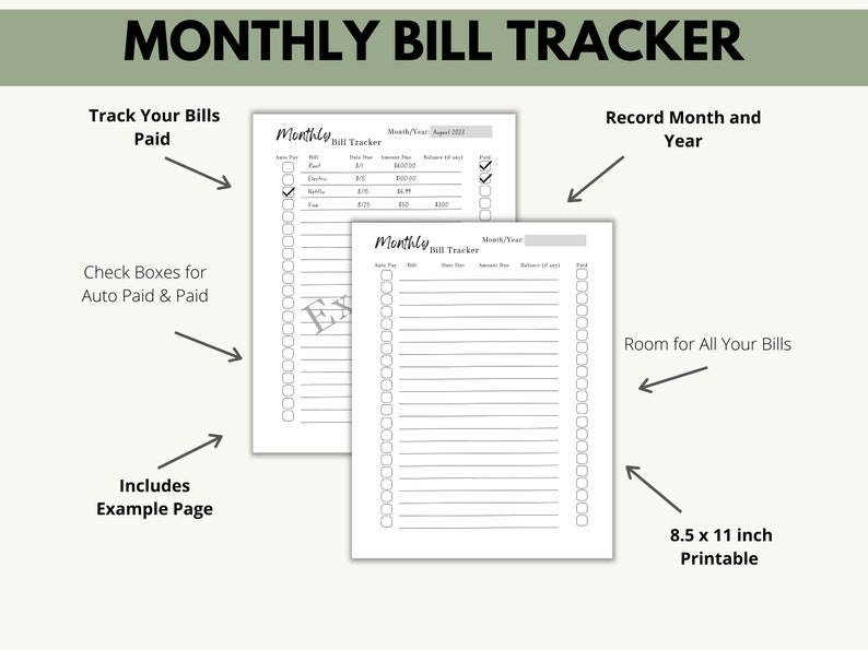 Monthly Bill Tracker Printable Checklist Log - Etsy