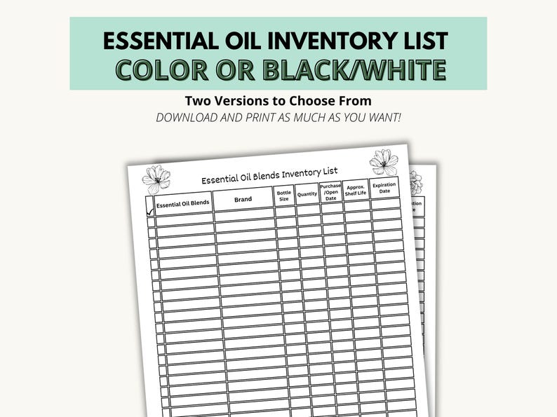 Essential Oil Inventory Sheet: Printable Tracker (color & B/W) (digital ...