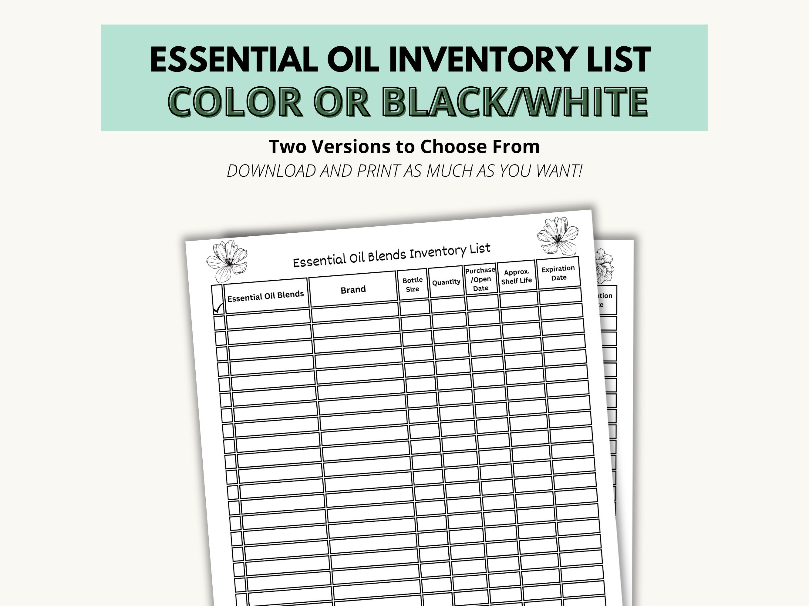 Essential Oil Inventory Sheet: Printable Tracker (color & B/W) (digital ...
