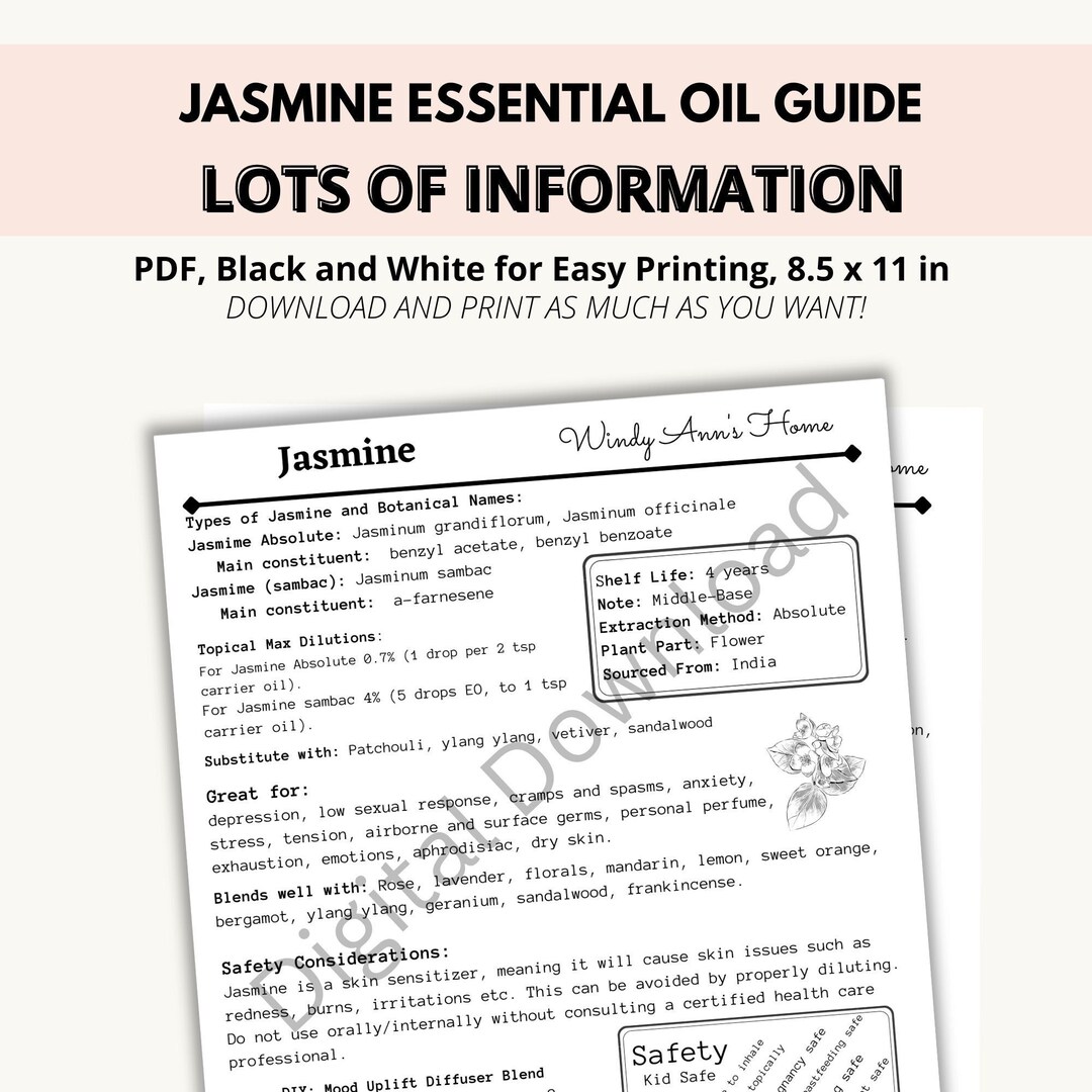 Jasmine Essential Oil Reference Guide, Cheat Sheet, Data Sheet, Jasmine ...