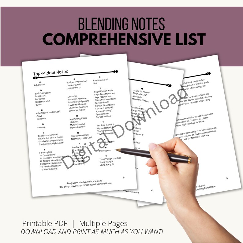 List of Essential Oil Notes for Blending- Blending Worksheets - Digital ...