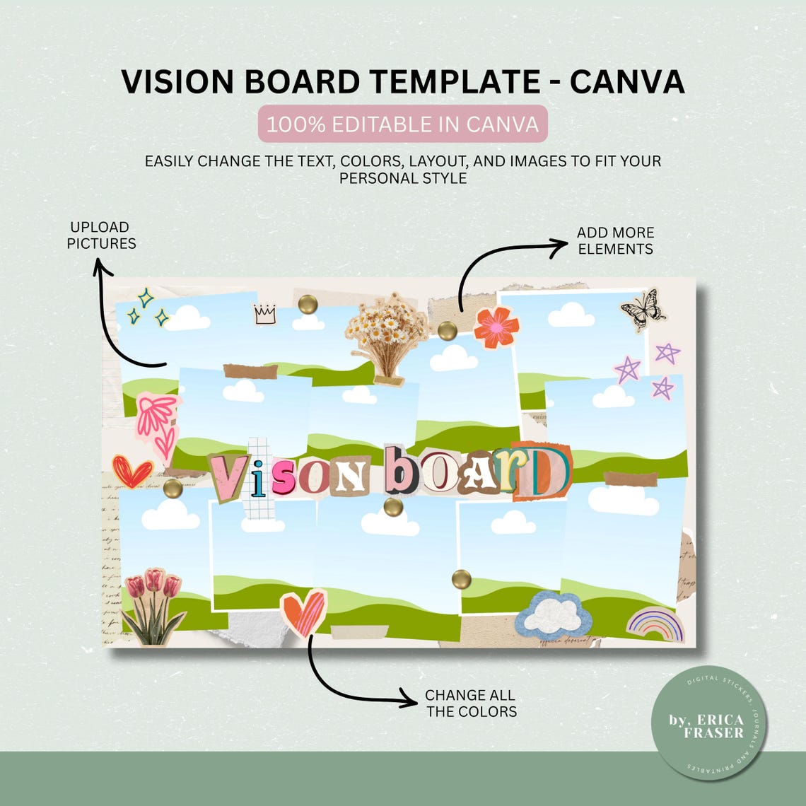 Printable Vision Board Template, Customizable CANVA Layout (digital ...