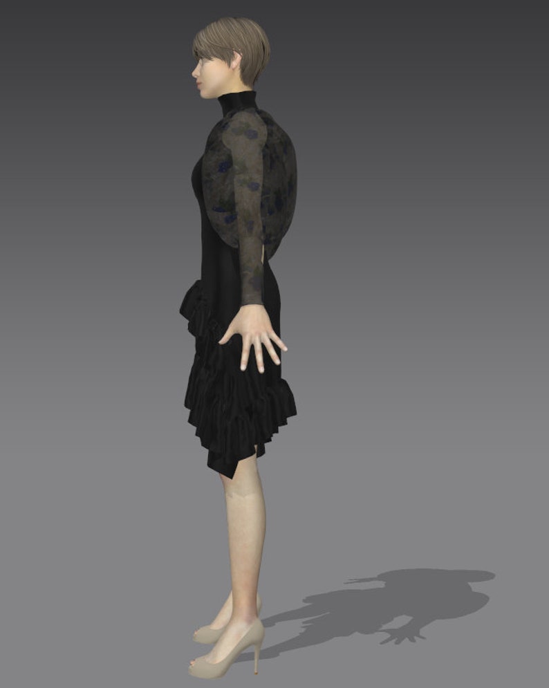 3d Black Dress With Ruffles and Puffed Sleeves / Clo3d / Marvellous ...