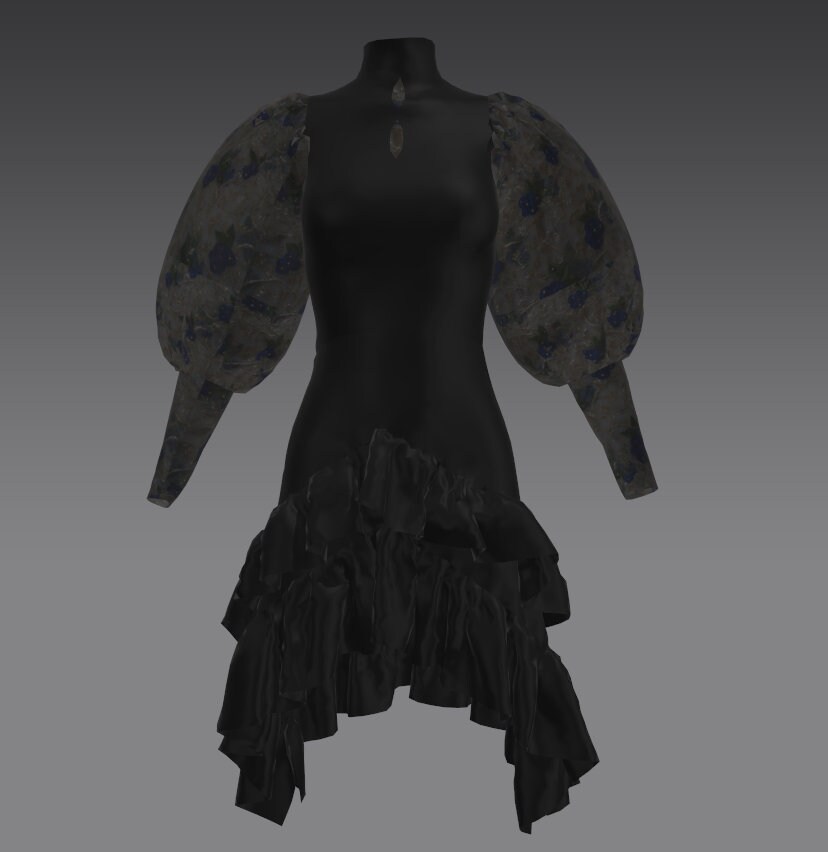 3d Black Dress With Ruffles and Puffed Sleeves / Clo3d / Marvellous ...