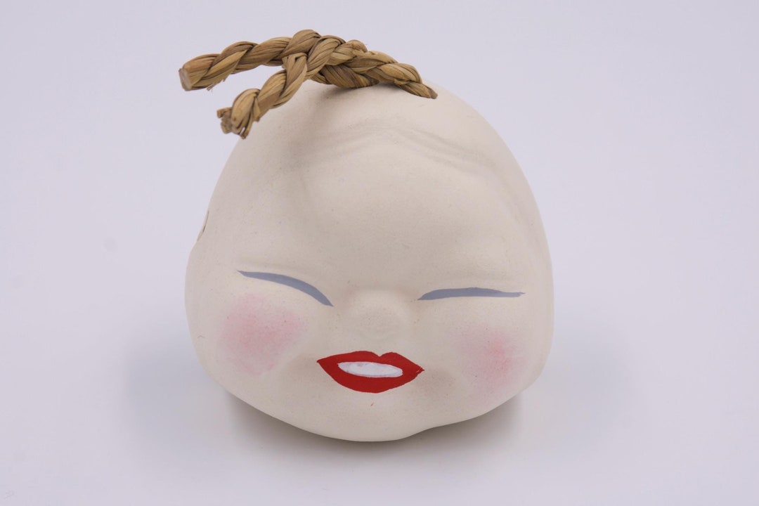 OKAME Japanese Dorei Bell Otafuku White Clay Studio Pottery Signed ...