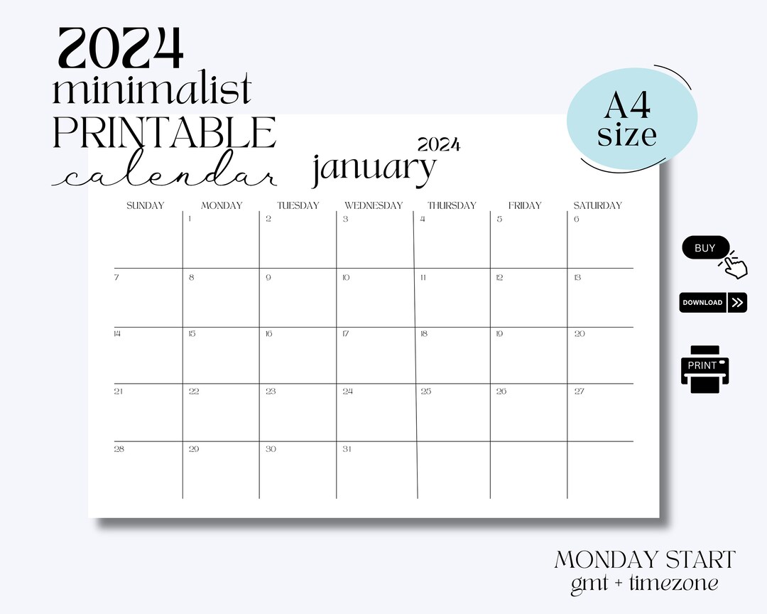2024 Calendar Monthly Planner in Minimalist Landscape A4 Size Monday ...