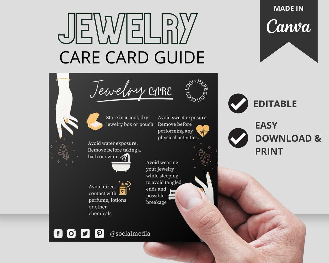 Jewelry Care Card Template Printable Jewelry Care Instructions Editable ...