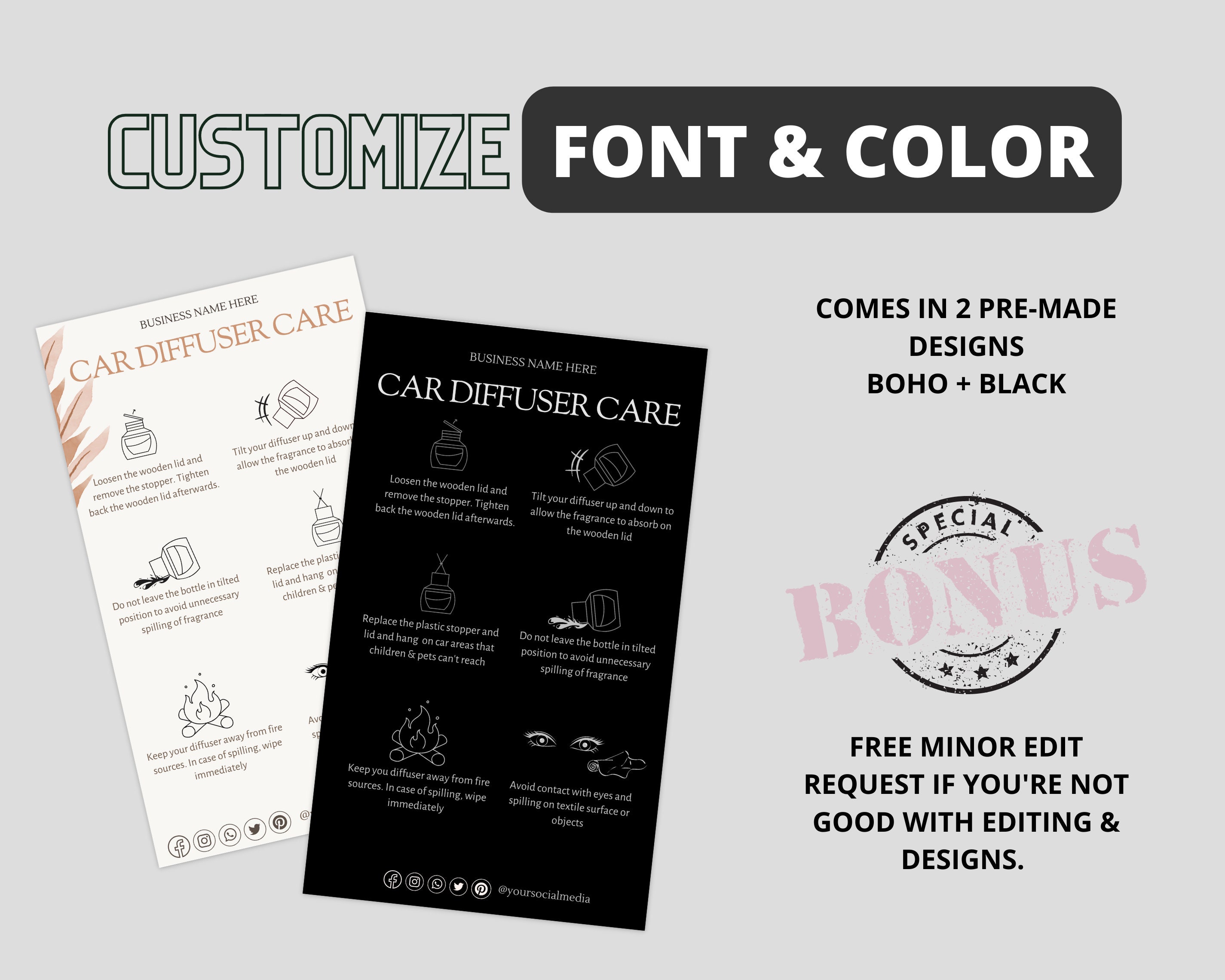 Car Diffuser Care Guide Template| Mini Hanging Oil Diffuser Care Card ...