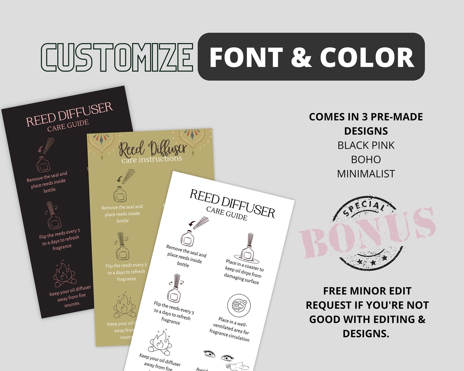 Minimalist Reed Diffuser Care Card, Printable Reed Diffuser Customer ...