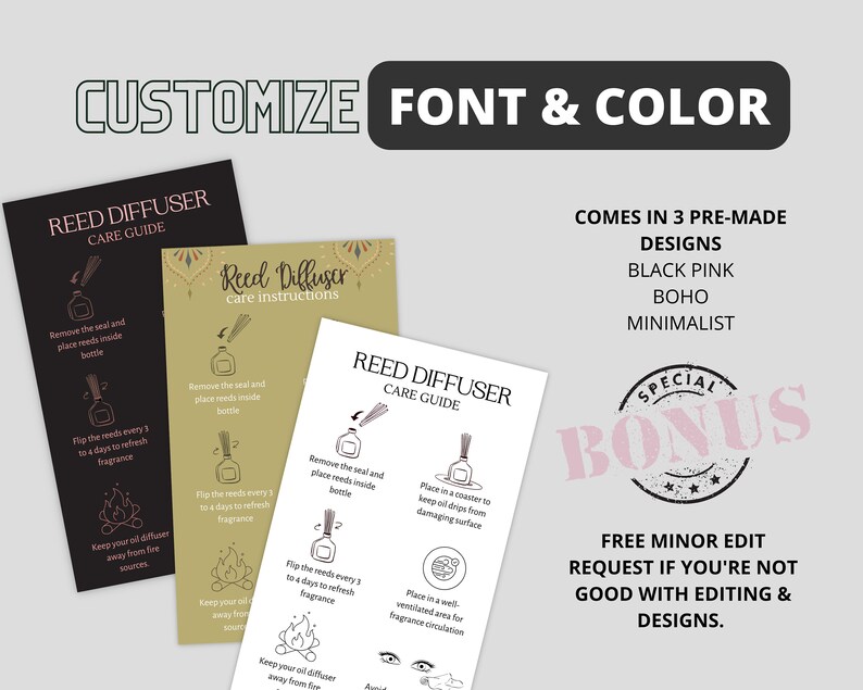 Minimalist Reed Diffuser Care Card, Printable Reed Diffuser Customer ...