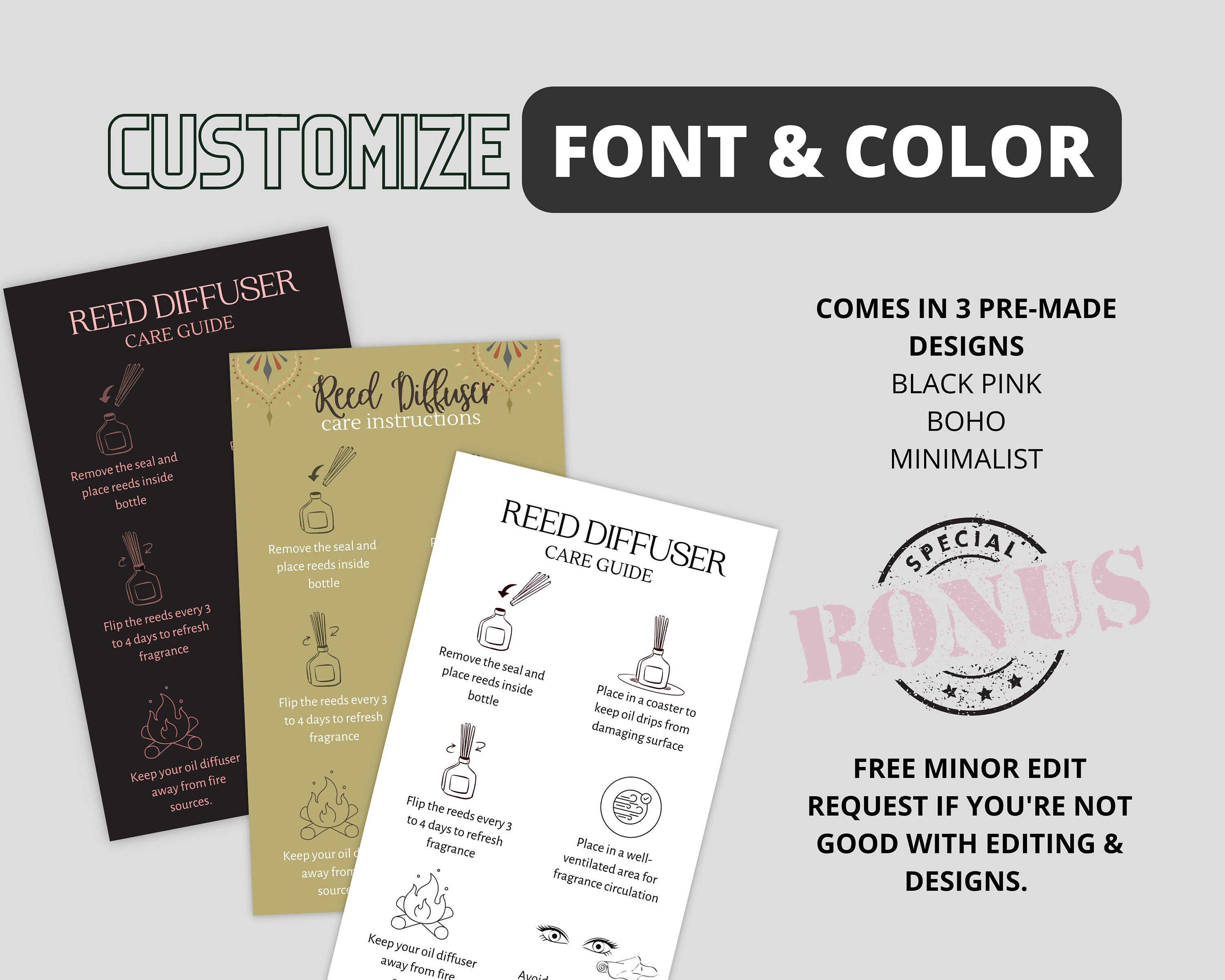 Minimalist Reed Diffuser Care Card, Printable Reed Diffuser Customer ...