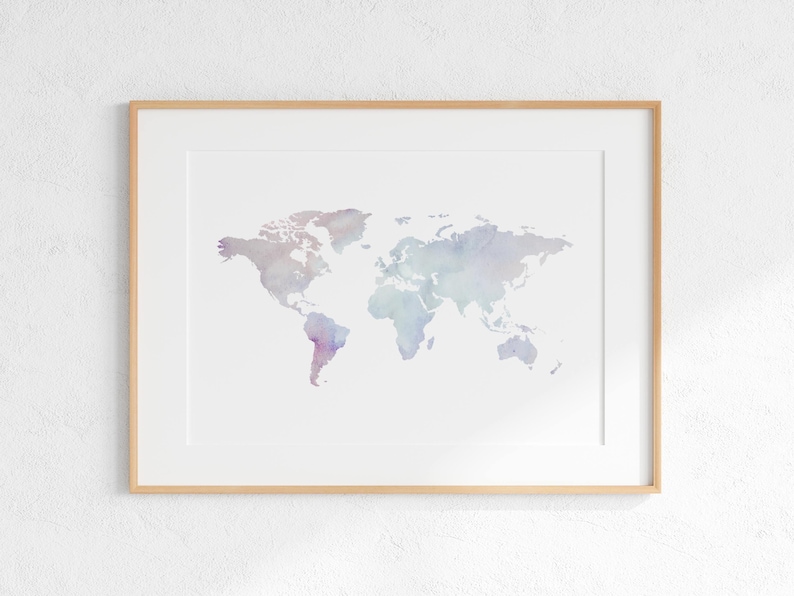Printable World Map, Digital World Map Poster, Pastel Blue Map Wall Art ...