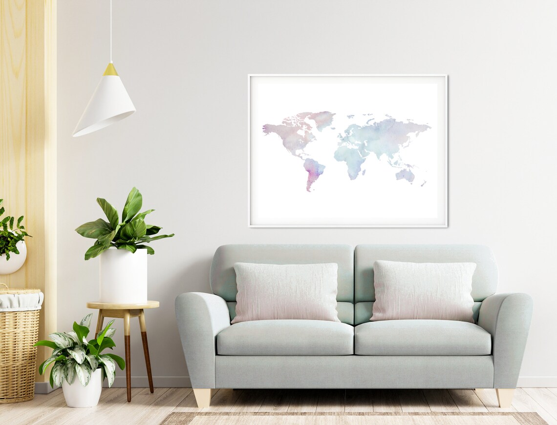 Printable World Map, Digital World Map Poster, Pastel Blue Map Wall Art ...