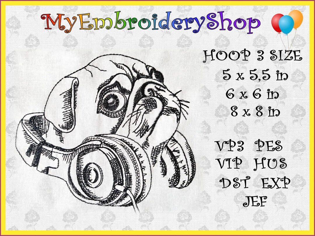 Pug Dog Sketch Machine Embroidery Design 3 Sizes Pug Dogs Embroidery ...