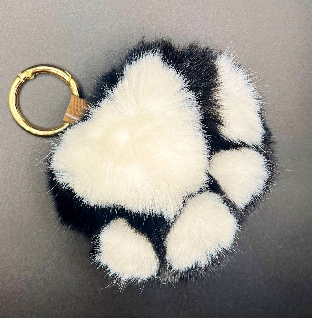 Cat Paw Keychain Black and White Furry Fluffy Pom Pom Large Accessory ...