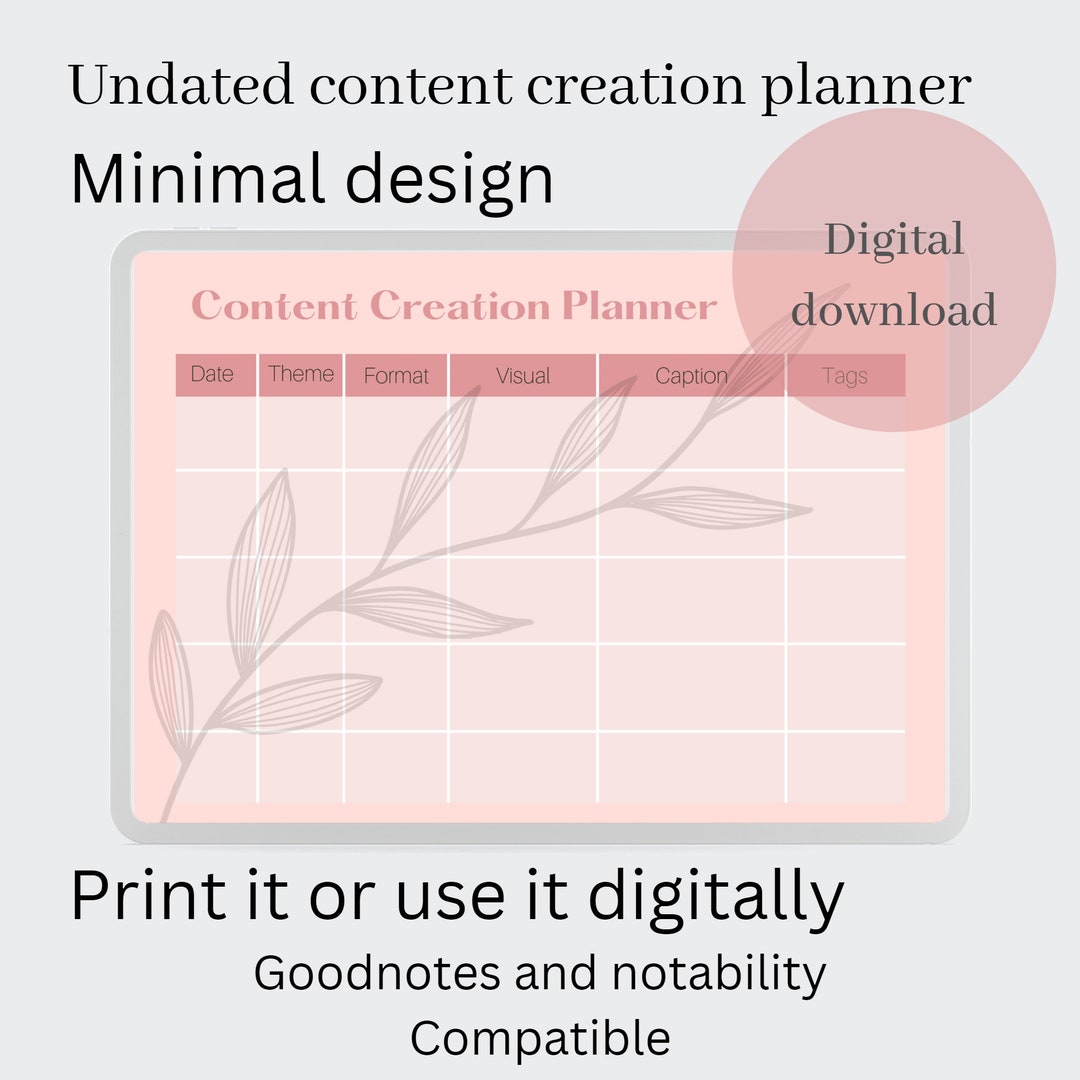 Undated Content Creation Planner, Minimal Design Planner, Digital ...