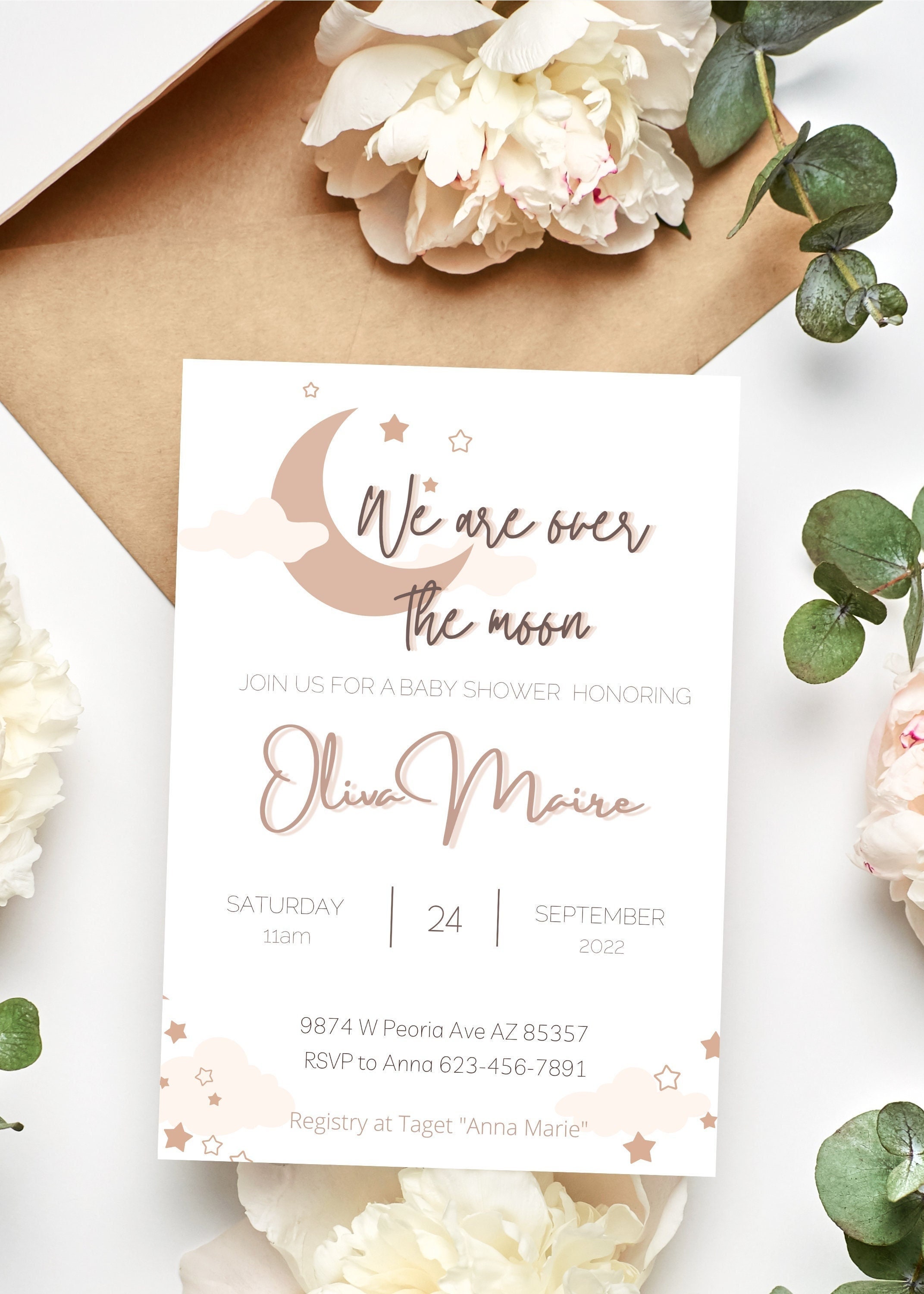 Editable Over the Moon Baby Shower Invitation | Neutral and Beige ...
