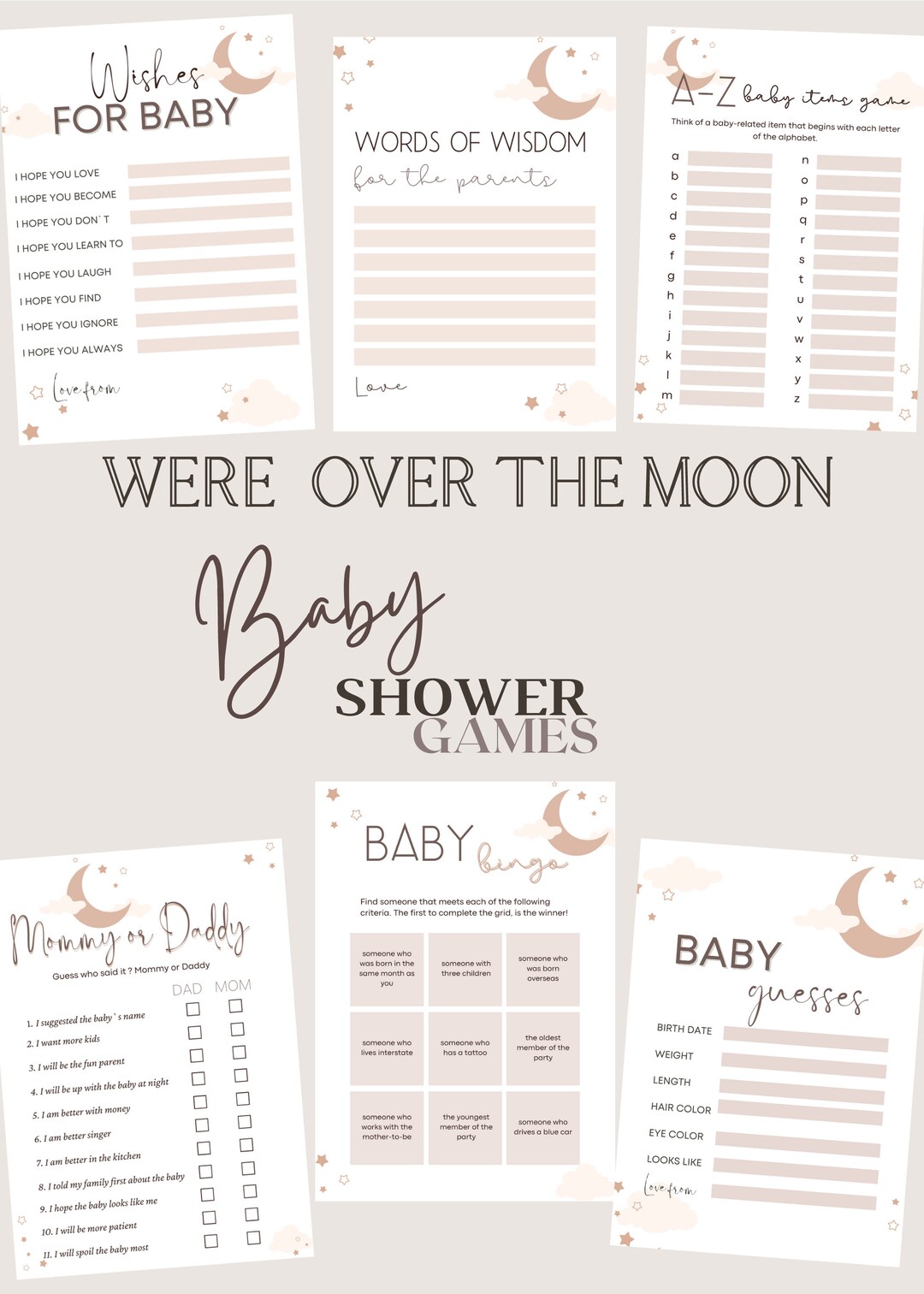 Editable Over the Moon Baby Shower Game Bundle- Unisex Baby Shower ...