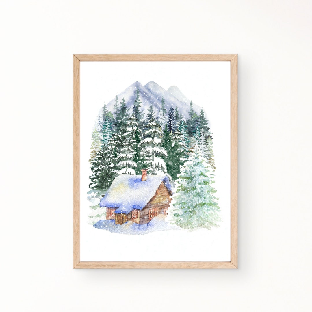 Light Watercolour Texture Cabin in the Woods | Snow Scene Landscape ...