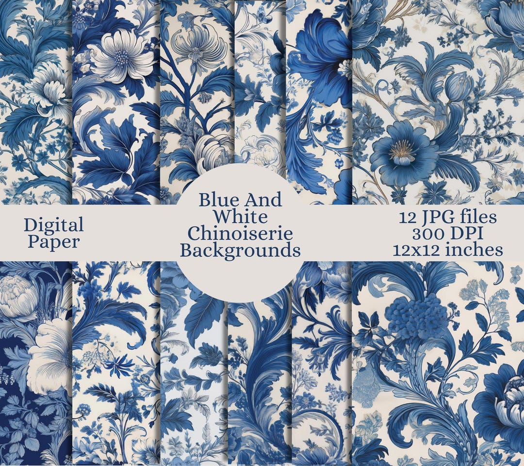 French Toile De Jouy Digital Paper Blue & White Vintage Patterns DIY ...