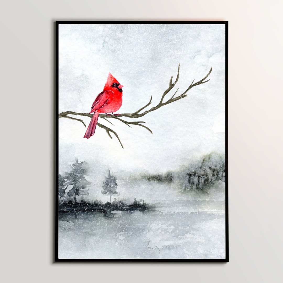 Red Cardinal Winter Wall Art Watercolor Winter Birch Tree Abstract Wall ...