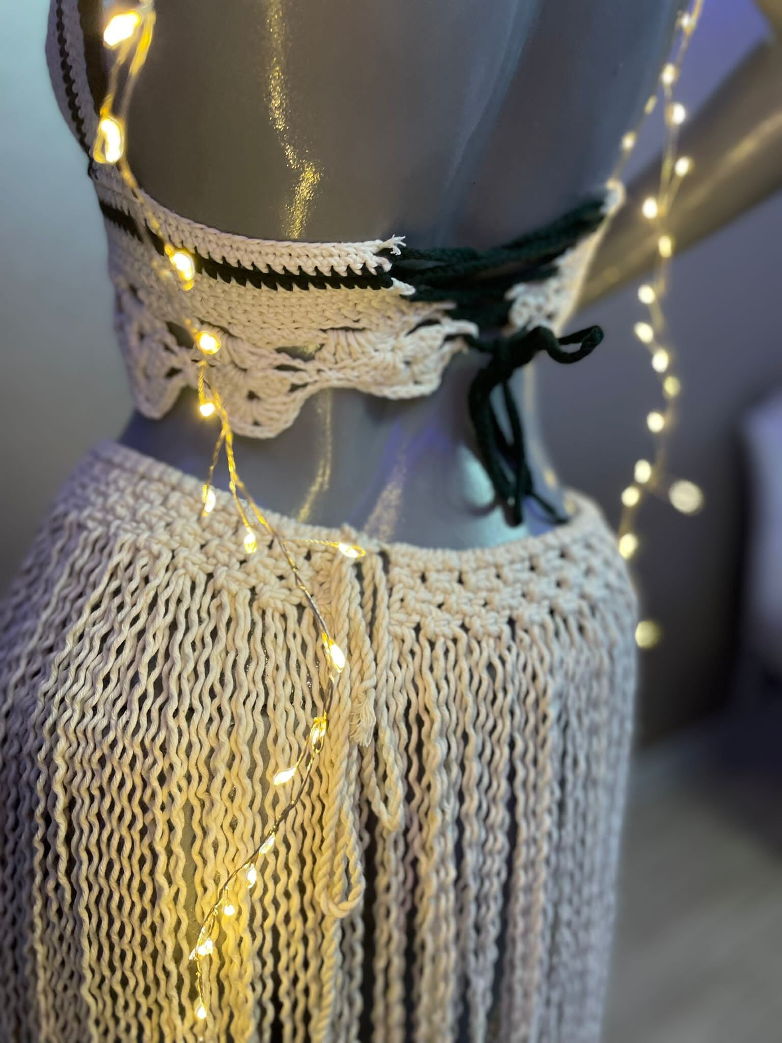 Women's Macrame Skirt and Bustier Suit Green White Crop Top Curly Skirt ...