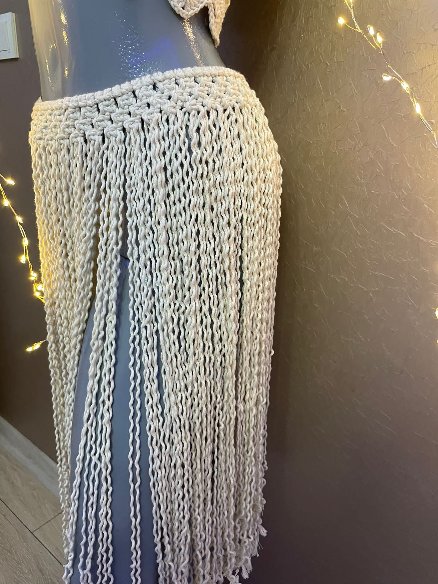 Women's Macrame Skirt and Bustier Suit Green White Crop Top Curly Skirt ...