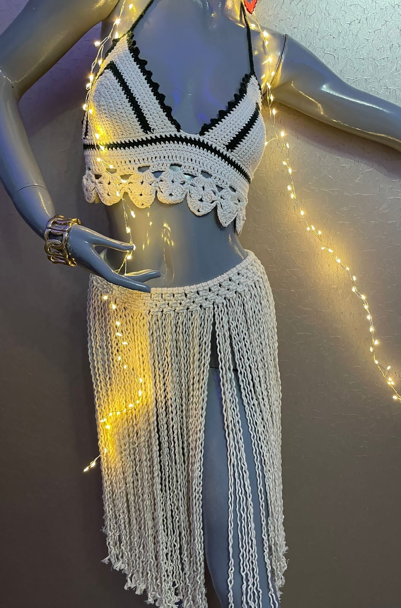 Women's Macrame Skirt and Bustier Suit Green White Crop Top Curly Skirt ...