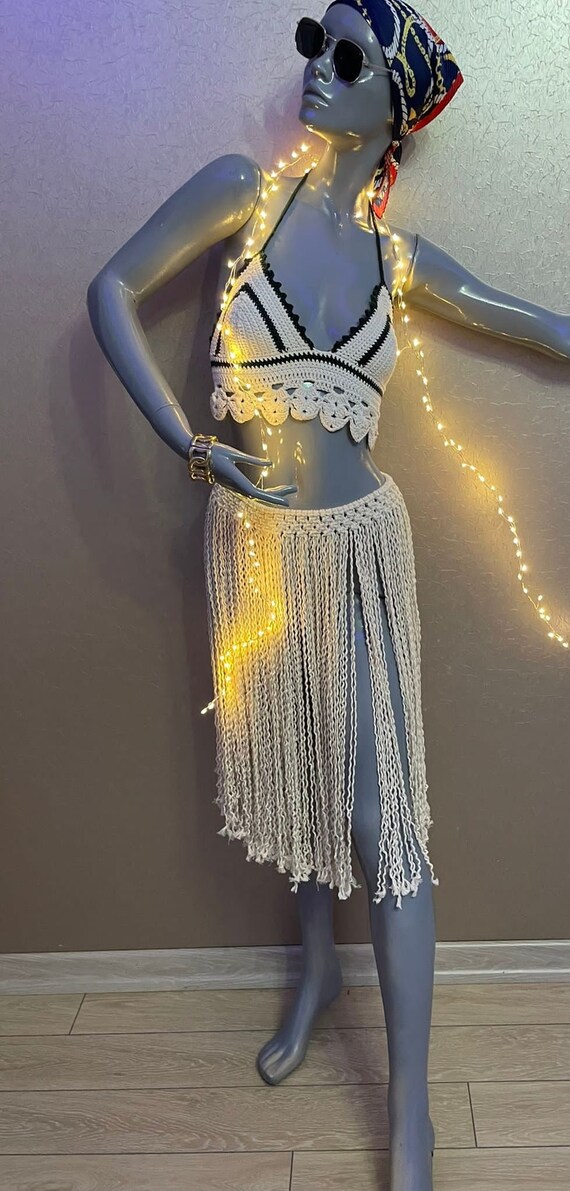 Women's Macrame Skirt and Bustier Suit Green White Crop - Etsy